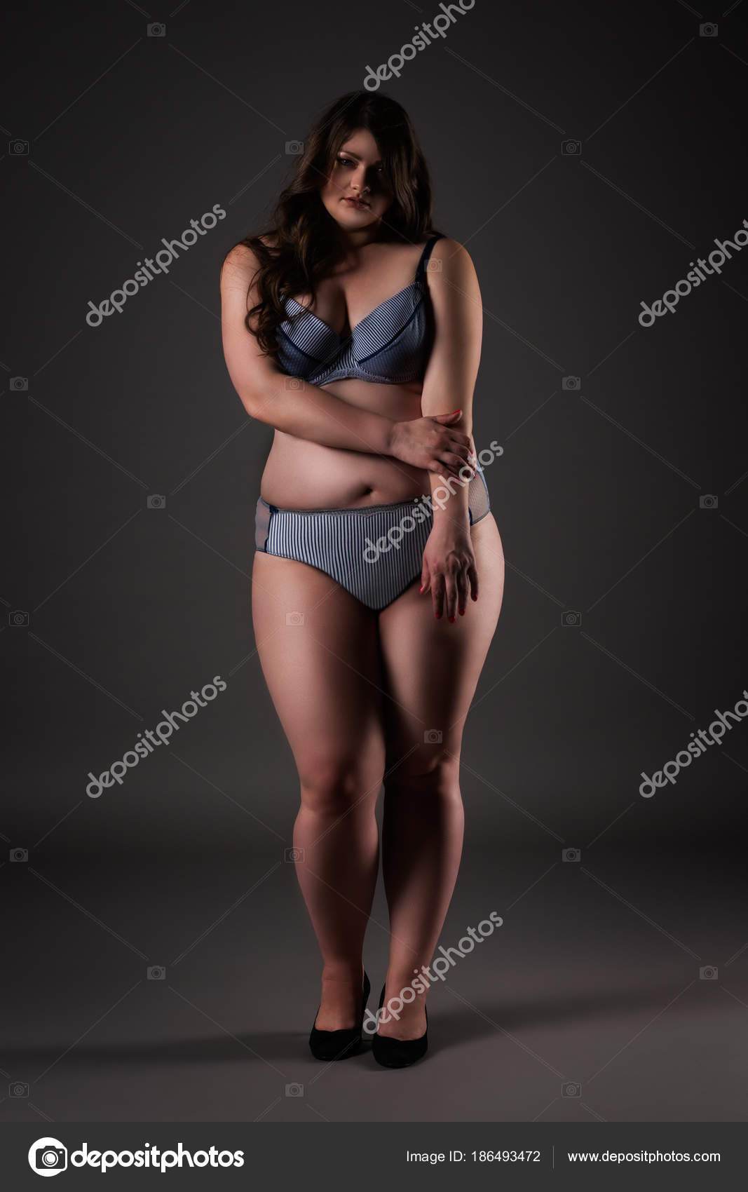 Plus Size Sexy Model In Underwear Fat Woman On Gray Background