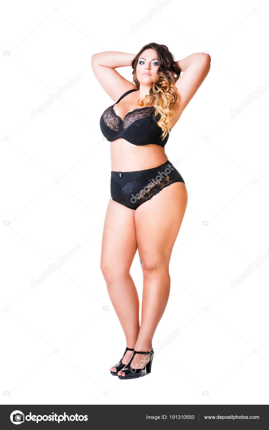 Plus Size Sexy Model In Black Underwear Fat Woman Isolated On White