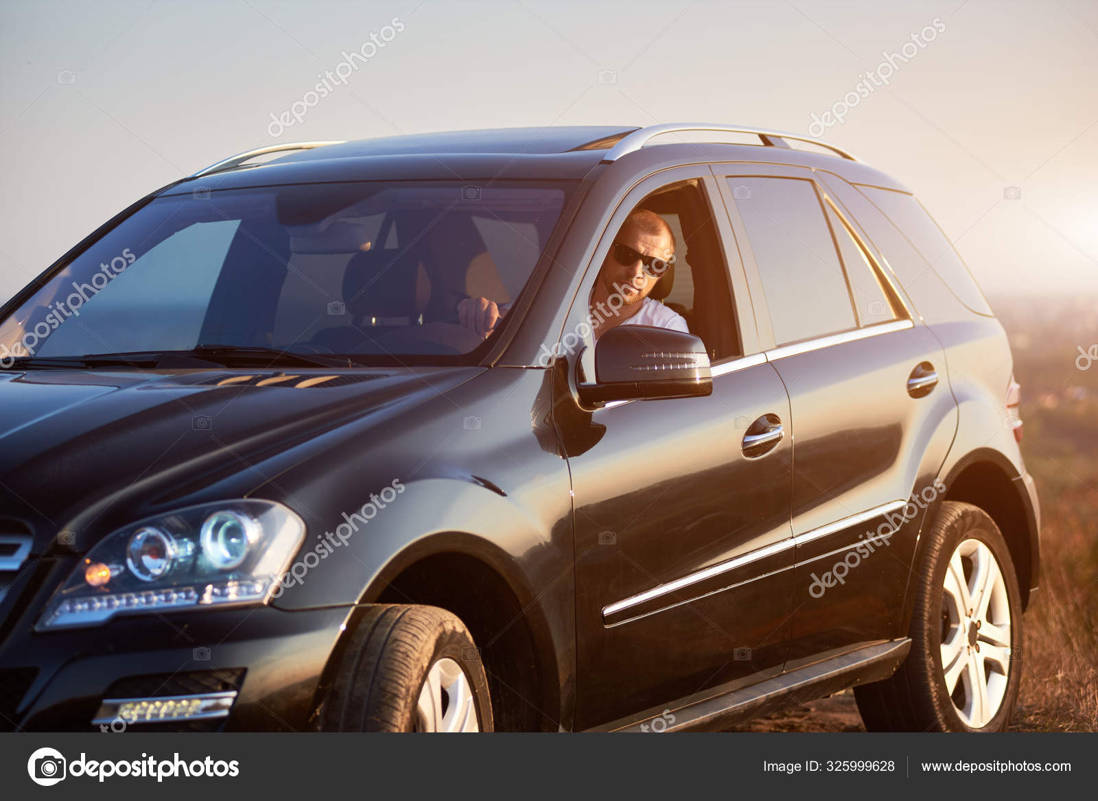 Handsome Man Sitting His Black Car Looking Out Window Camera Stock ...