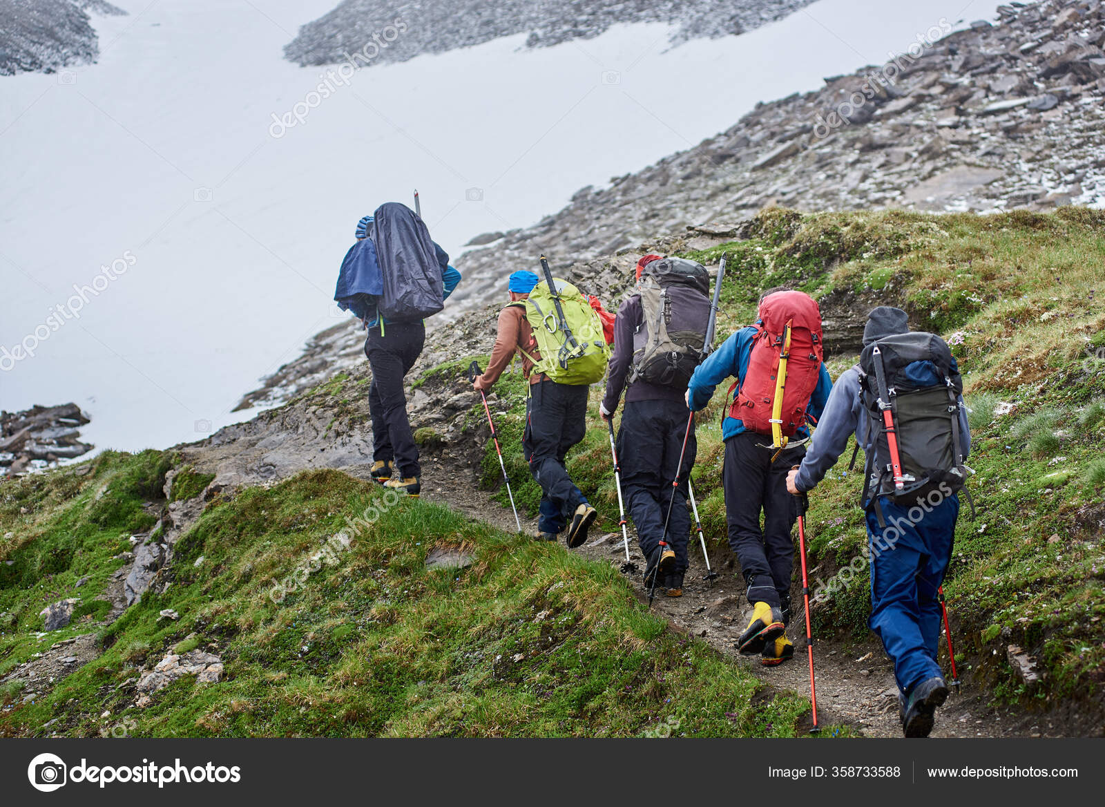 Back View Hikers Backpacks Trails While Hiking Long Distance Mountains ...
