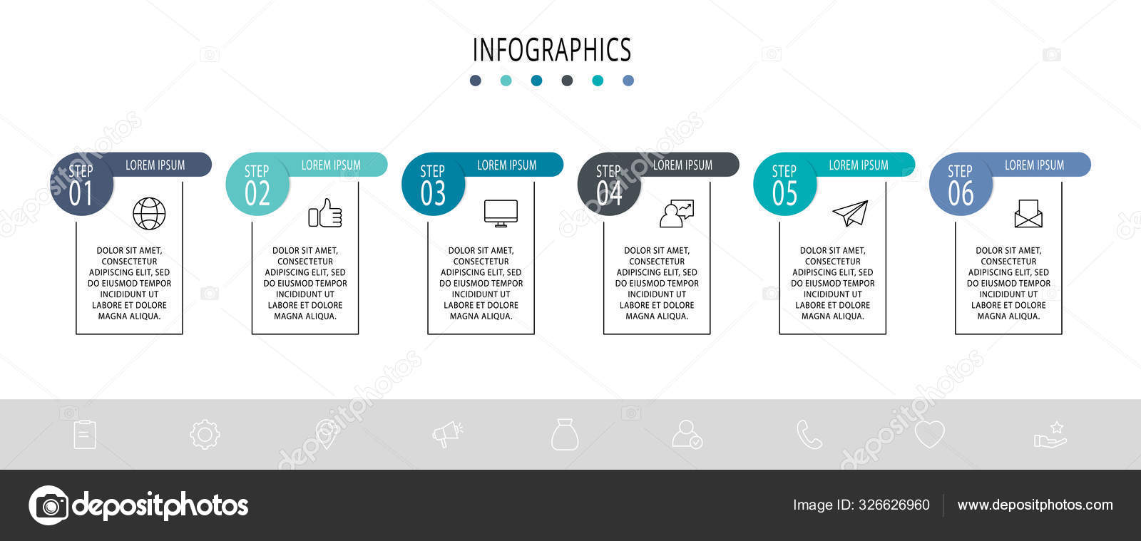Vector infographic flat template. Circle with icons for six diagrams, graph, flowchart, timeline ...