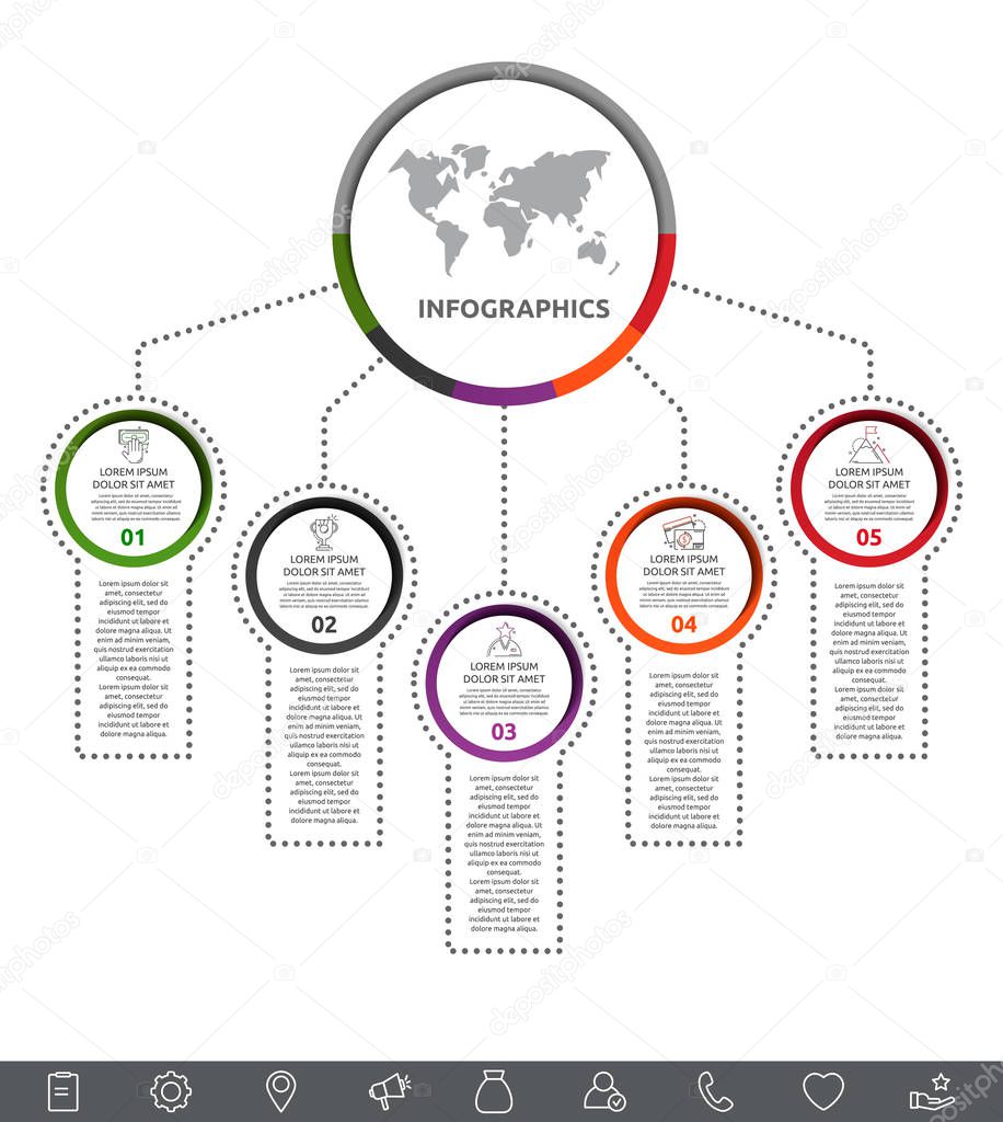 Infograf a vectorial con c rculo principal y 5 etiquetas. C rculos con iconos para cinco ...