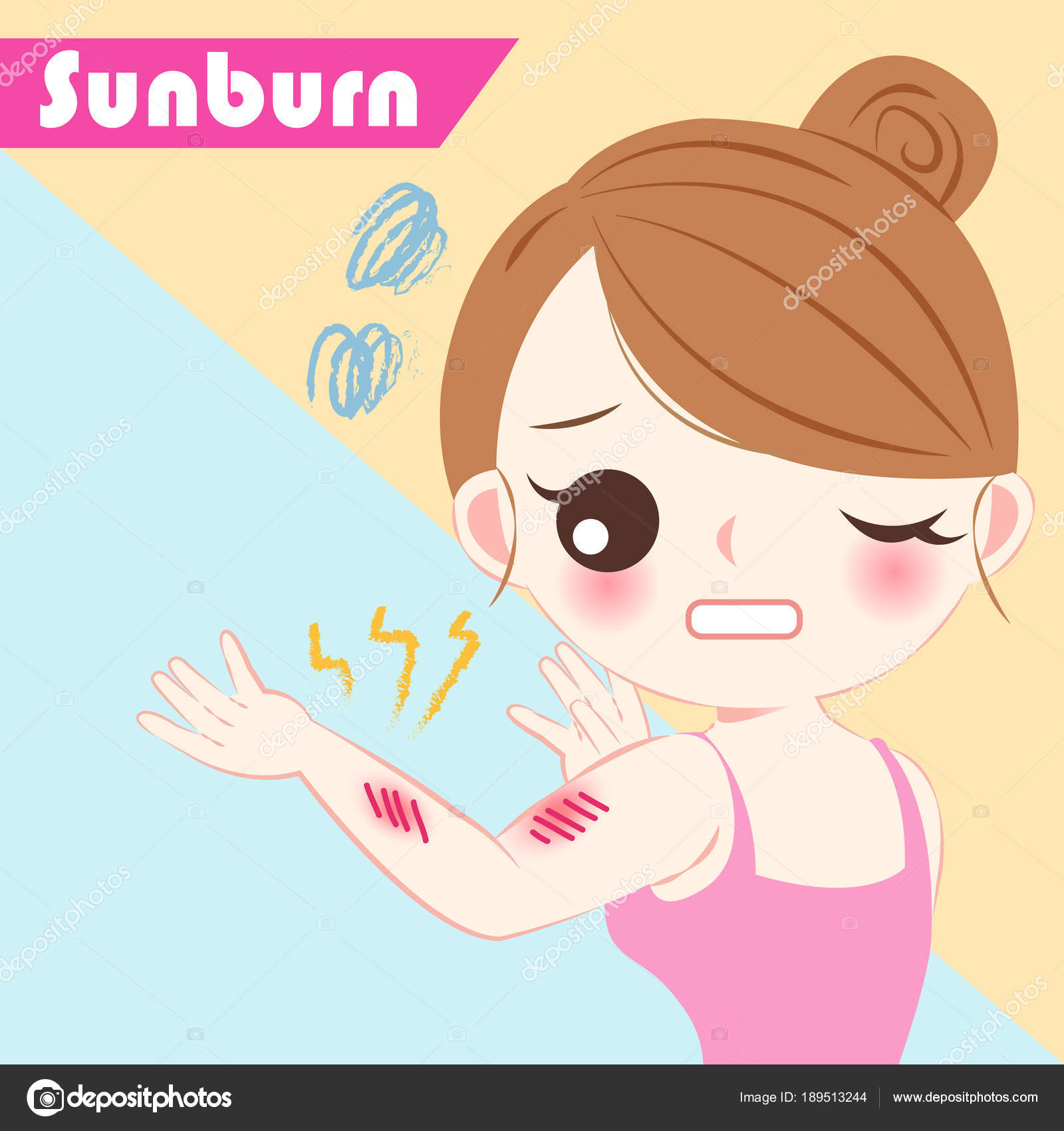 Mujer de dibujos animados con problema de quemaduras solares ...