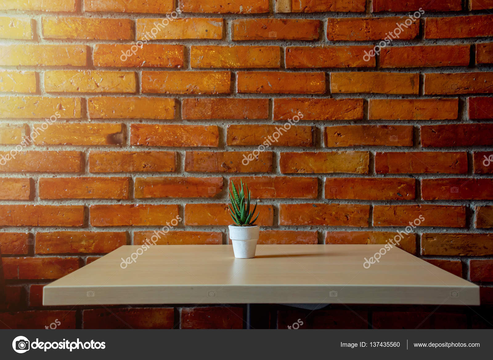 Red brick wall with table and pot of green plant Stock Photo by ...