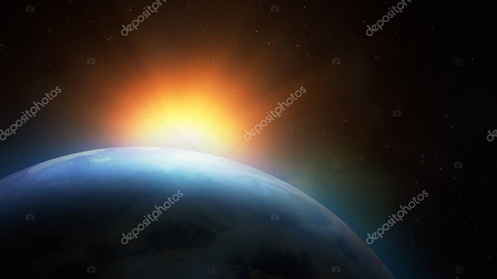 Salida del sol sobre la Tierra. Vista imaginaria del planeta tierra en ...