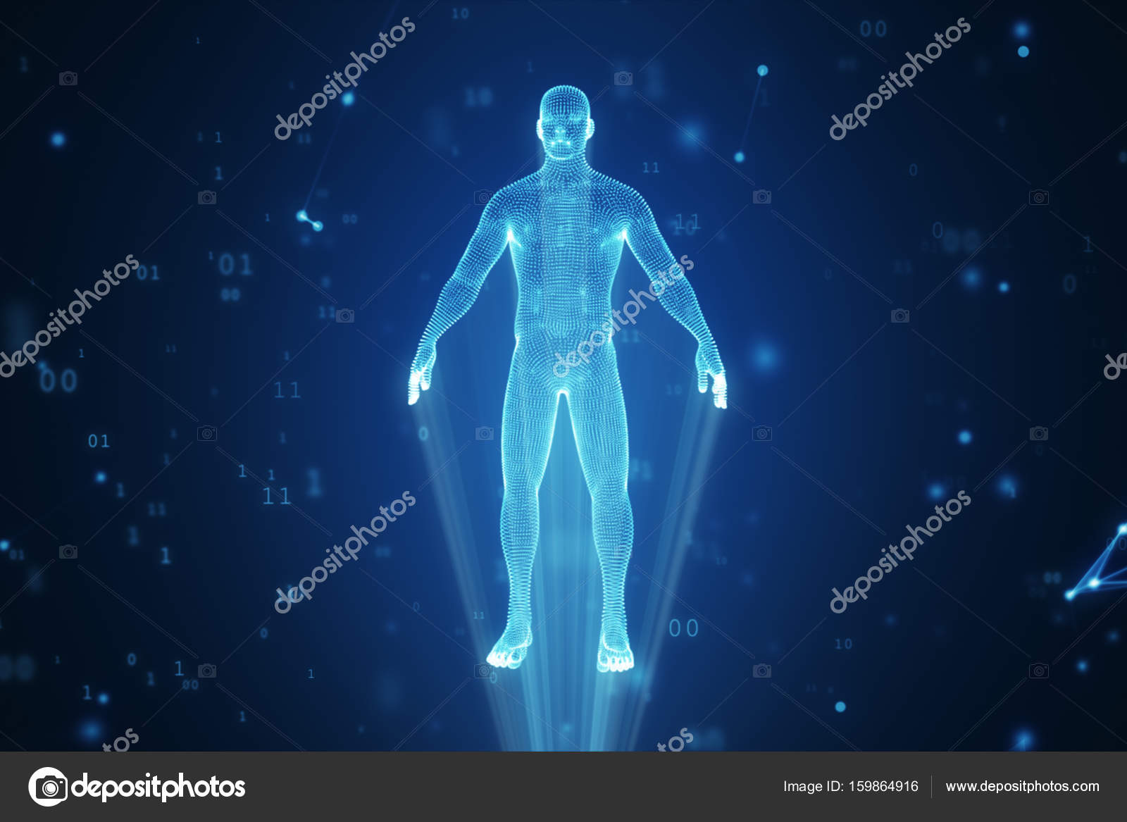 Human hologram from points and polygons in a cloud of binary code and ...