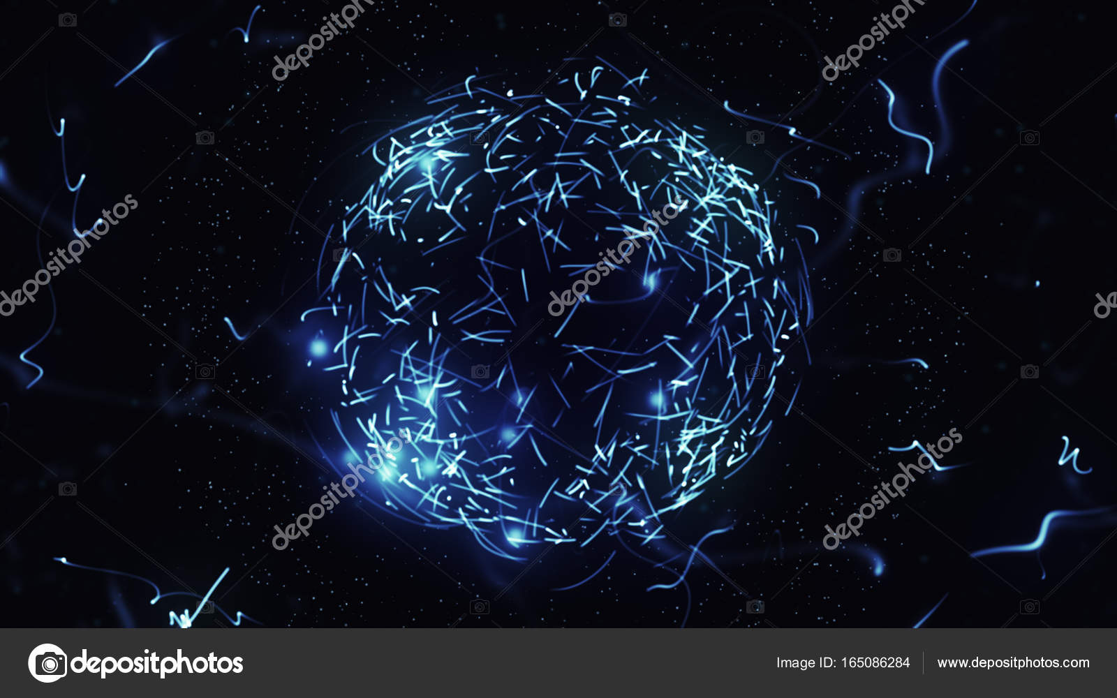 Blue sphere in space with glowing particles. Abstract background ...