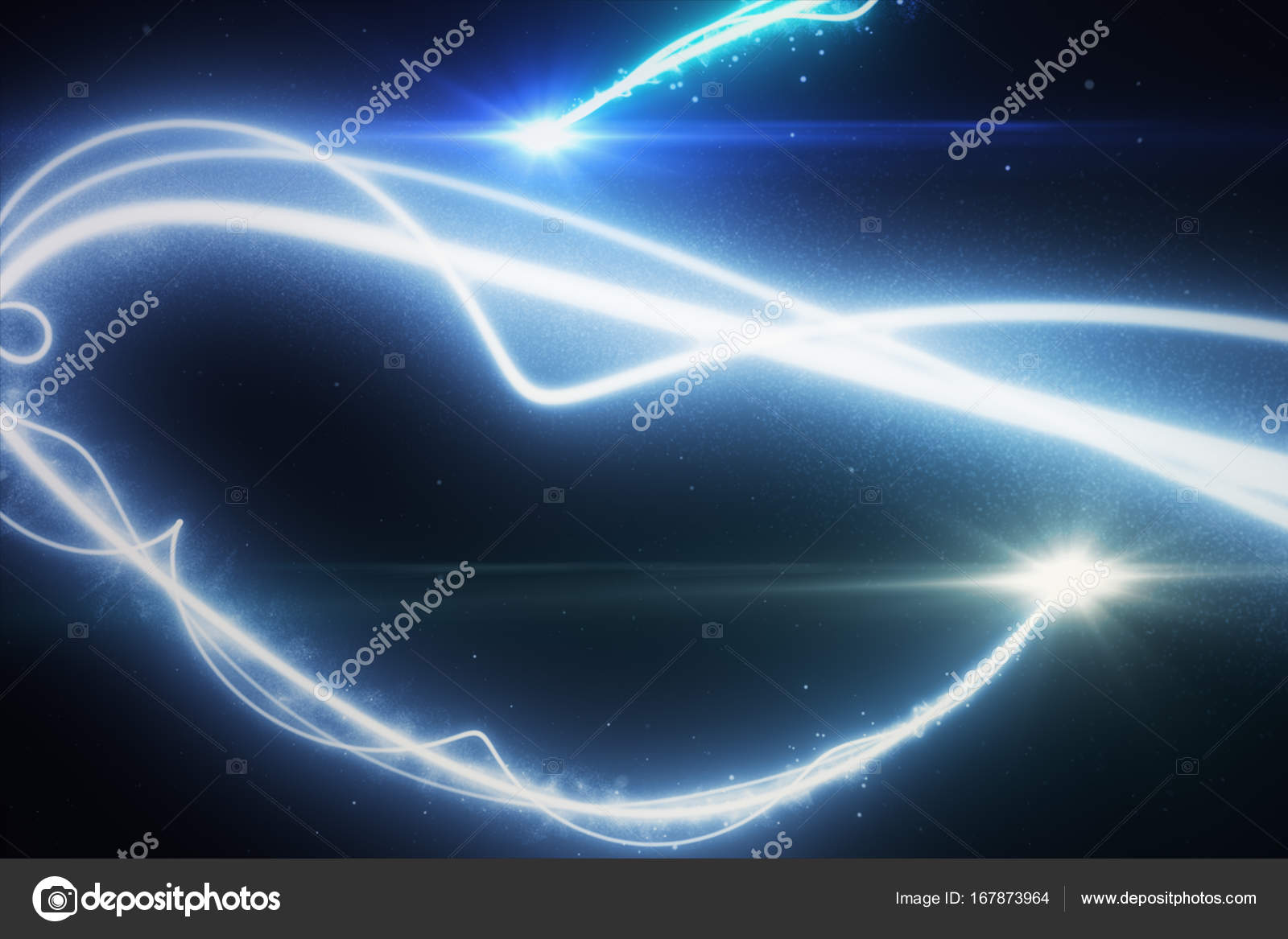 Two blue light streak breaks out on a black background with smoke and ...