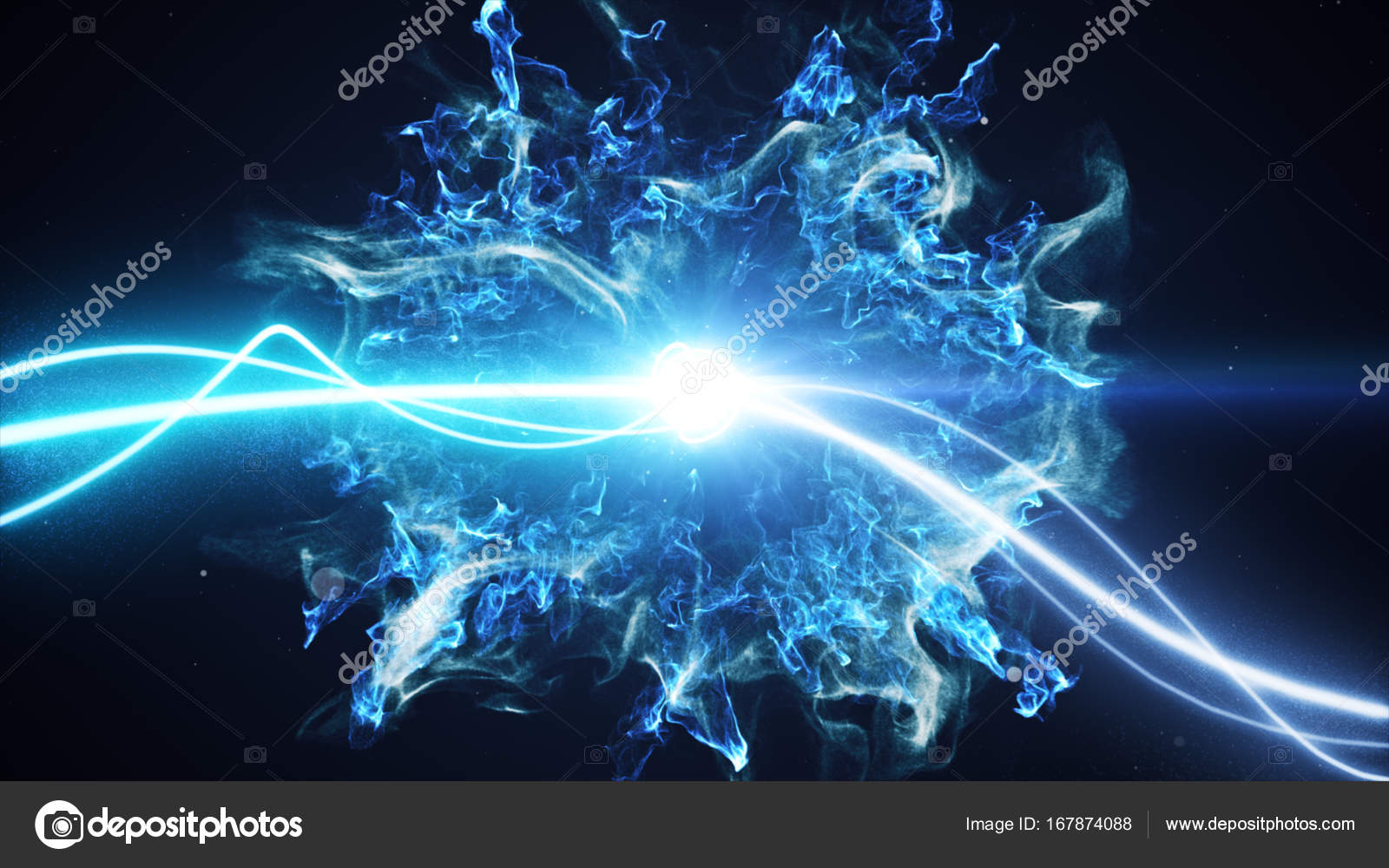 Two blue light streak breaks out on a black background with smoke and ...