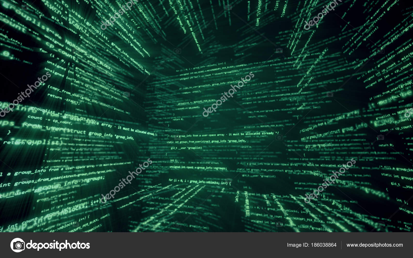 Virtual space with running code in the form of cubes 3d illustration ...