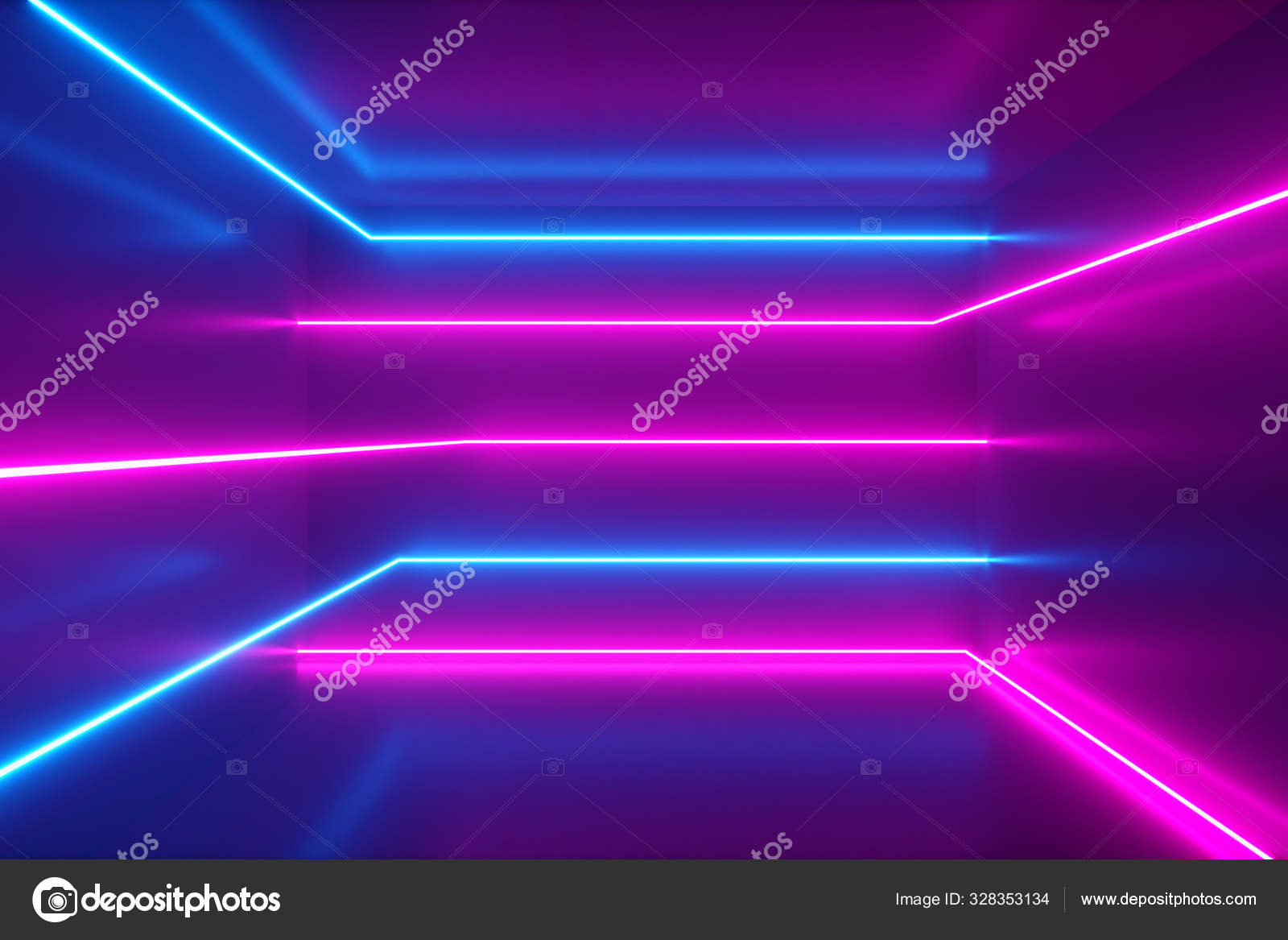 Abstract background, moving neon rays, luminous lines inside the room ...