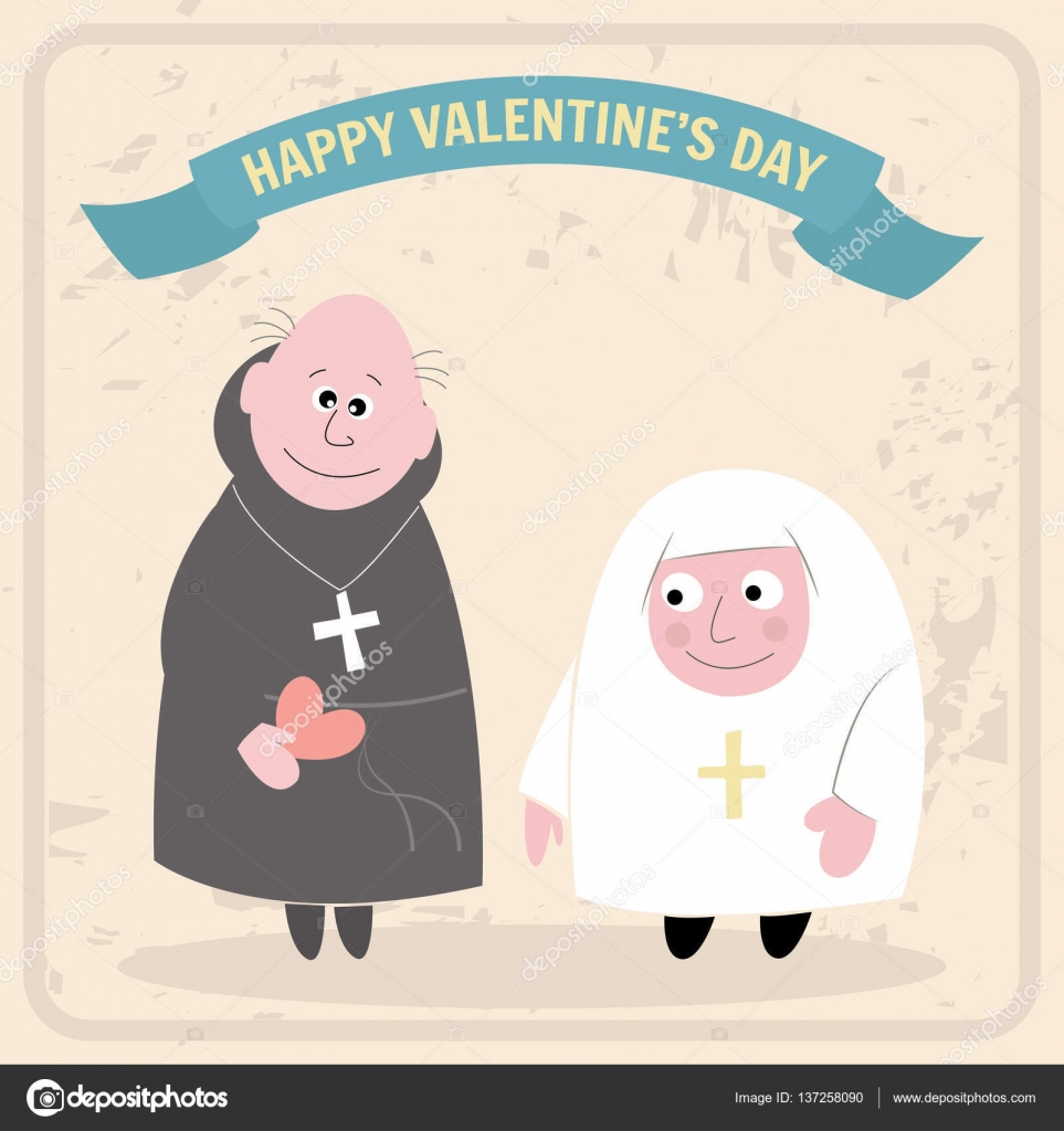 The Monk Gives A Nun Heart In Valentines Day Greeting Card Flat Color Design — Stock Vector