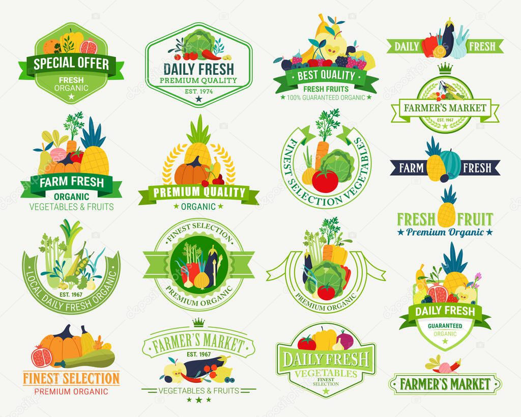 Frutas y Verduras Logos, Etiquetas, Frutas y Verduras Iconos 2024