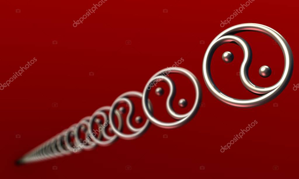 Una imagen única en 3D de un símbolo filosófico chino hecho de metal ...