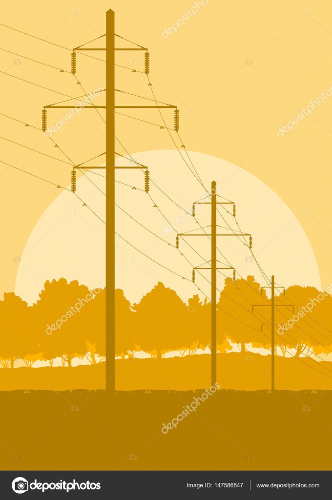 Energy distribution high voltage power line tower sunset landsca Stock ...