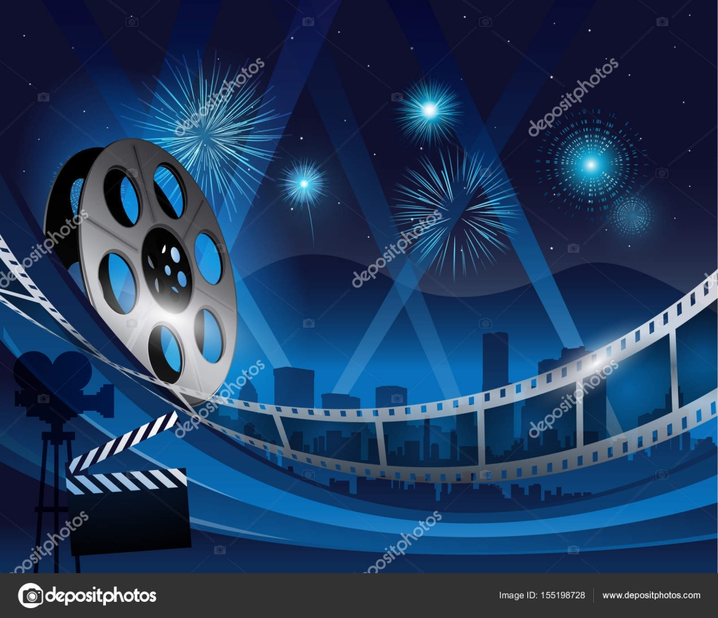Blue film reel movie background in front of hollywood city at night ...