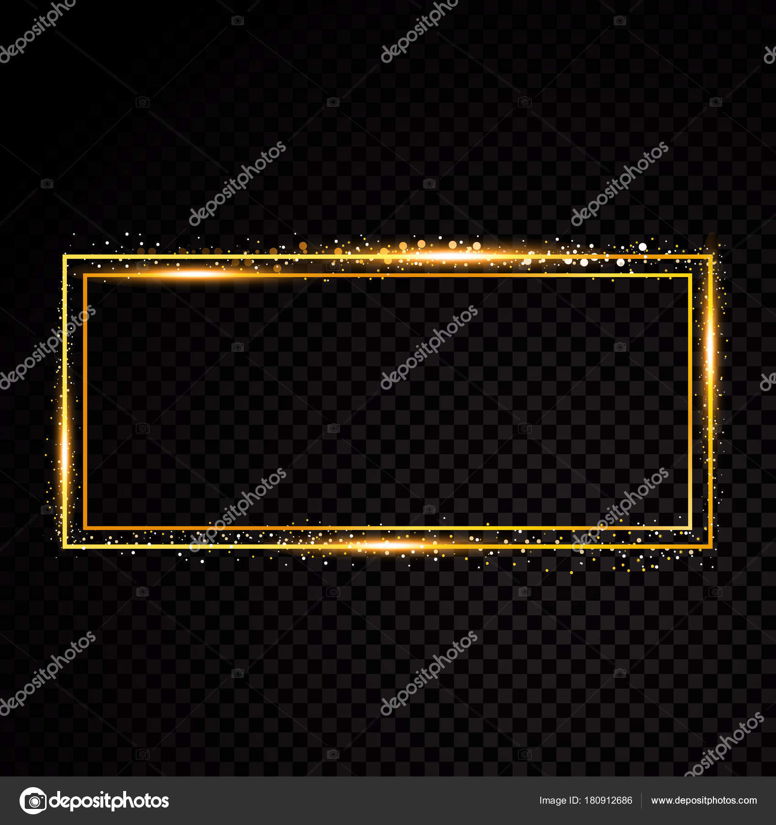 Vector rectangle frame. Shining banner. Isolated on black transparent ...
