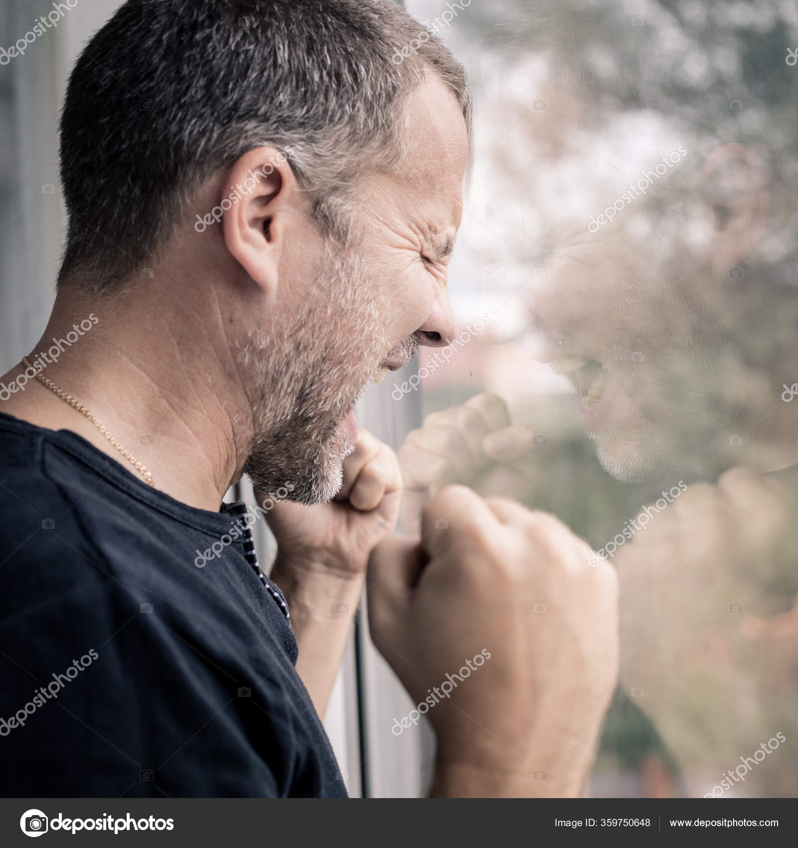 Portrait One Sad Man Standing Window Day Stock Photo by ©altanaka 359750648