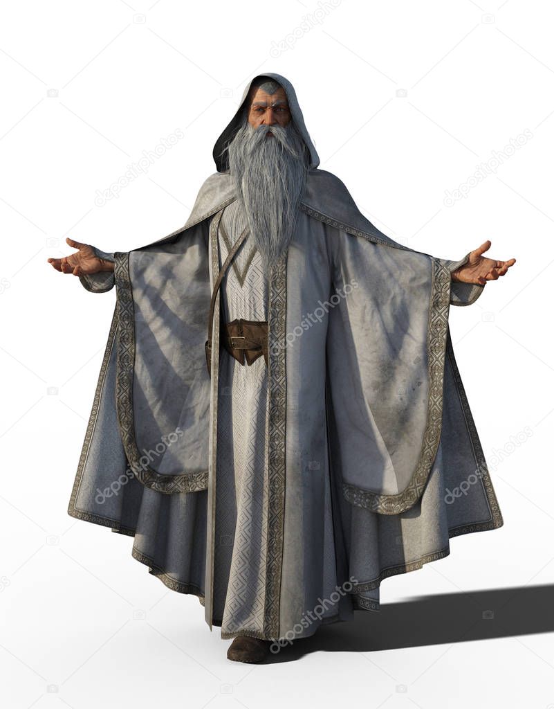 3d ilustración asistente blanco con el libro de magia y el personal 2025