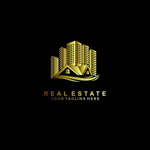 Golden building real estate logo icon concept template on dark ...