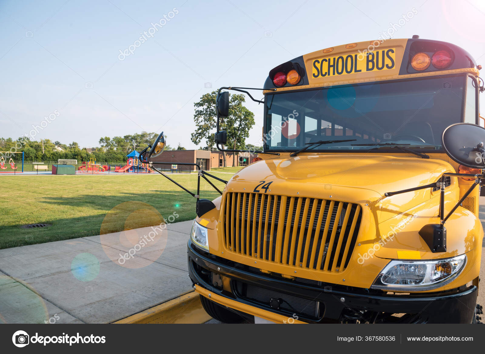 Yellow School Bus Parked Front School Playground — Stock Photo © Dprahl ...