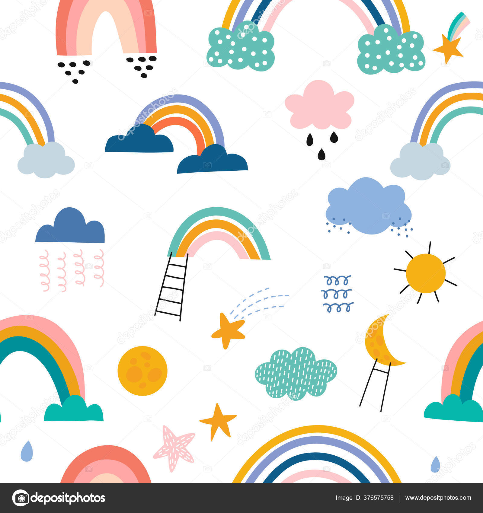 Cute Rainbow Clouds Rain Stars Moon Hand Drawn Seamless Vector Stock ...