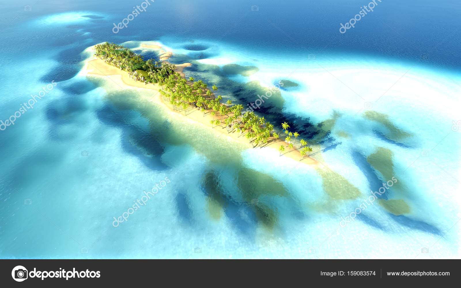 Small tropical island in Maldives atoll from aerial view 3d rendering ...