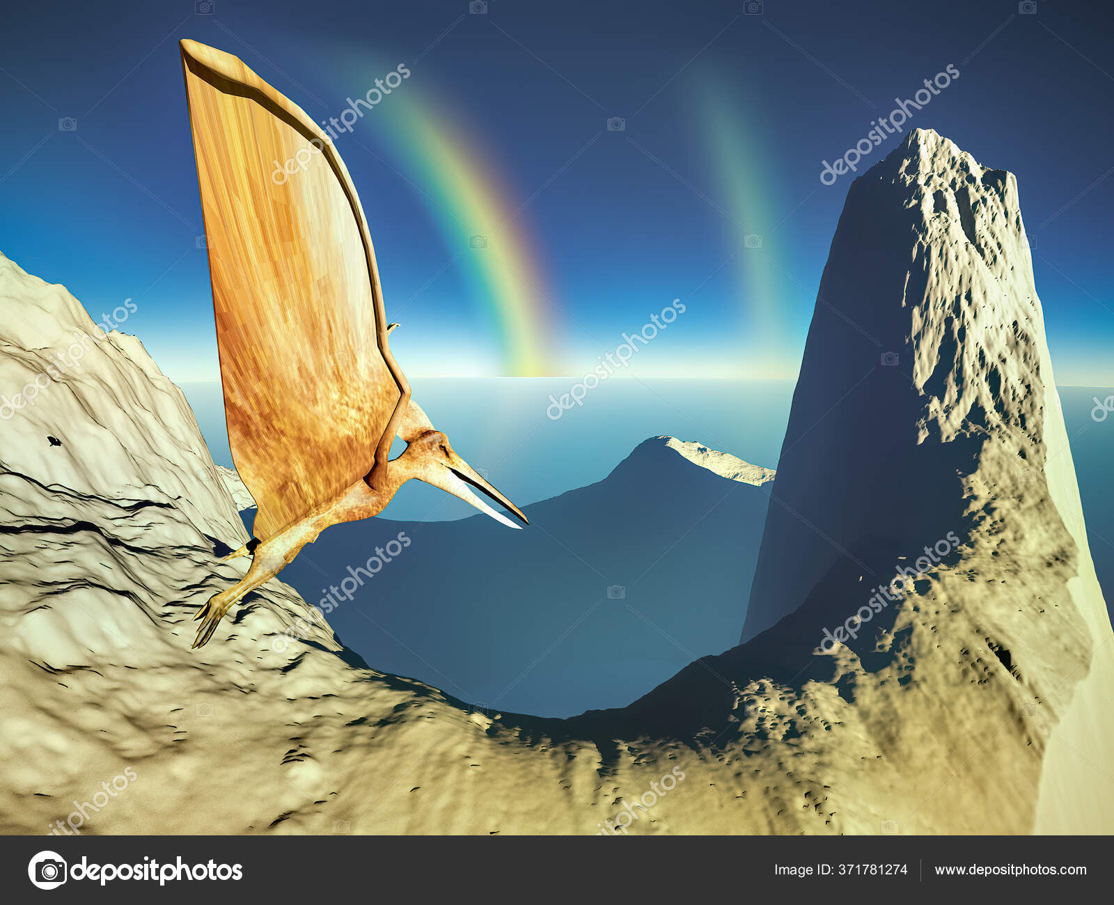 Flying pterodactyl against the volcanic crrater 3d illustration Stock ...