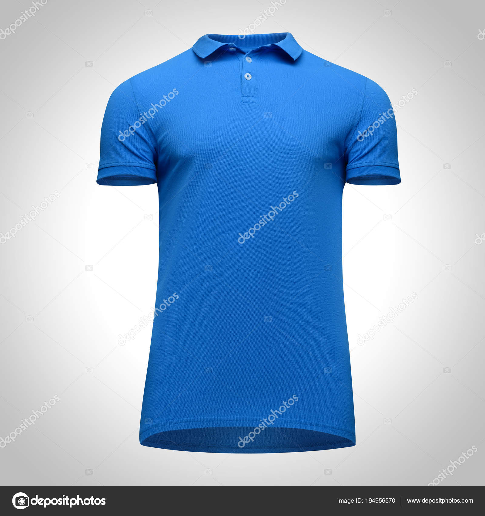 Blank template men blue polo shirt short sleeve, front view bottom-up, isolated on gray ...