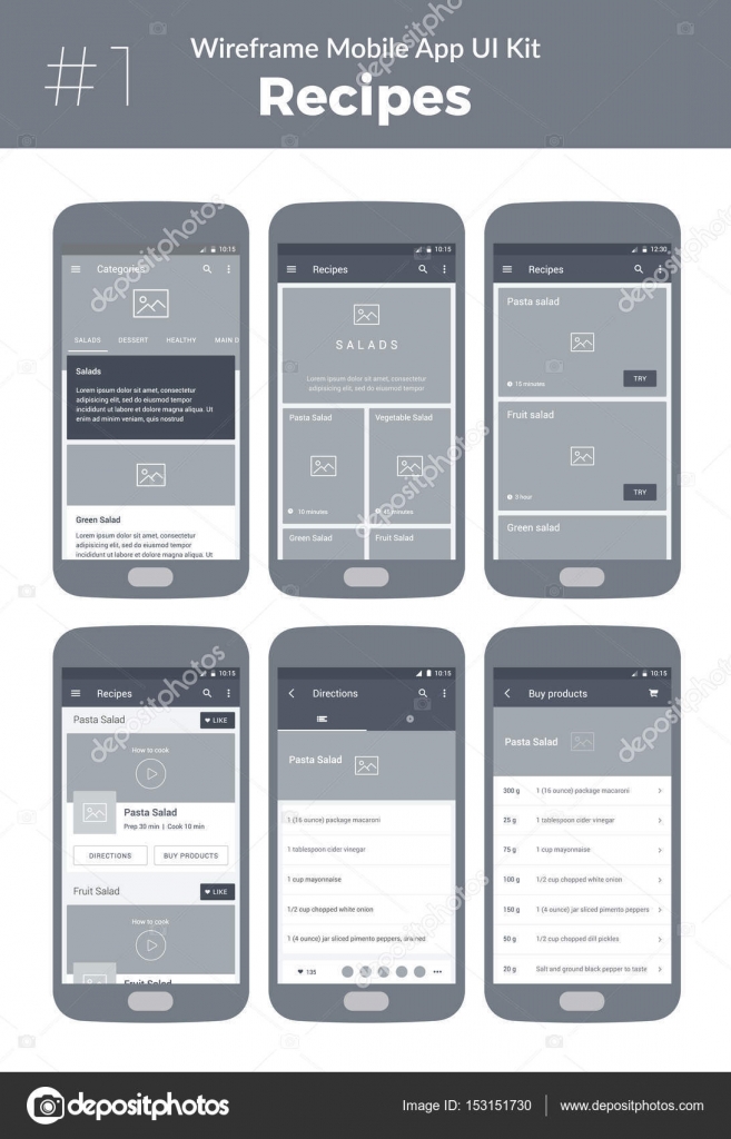 Wireframe UI kit for mobile phone. Mobile App Cooking. — Stock Vector ...