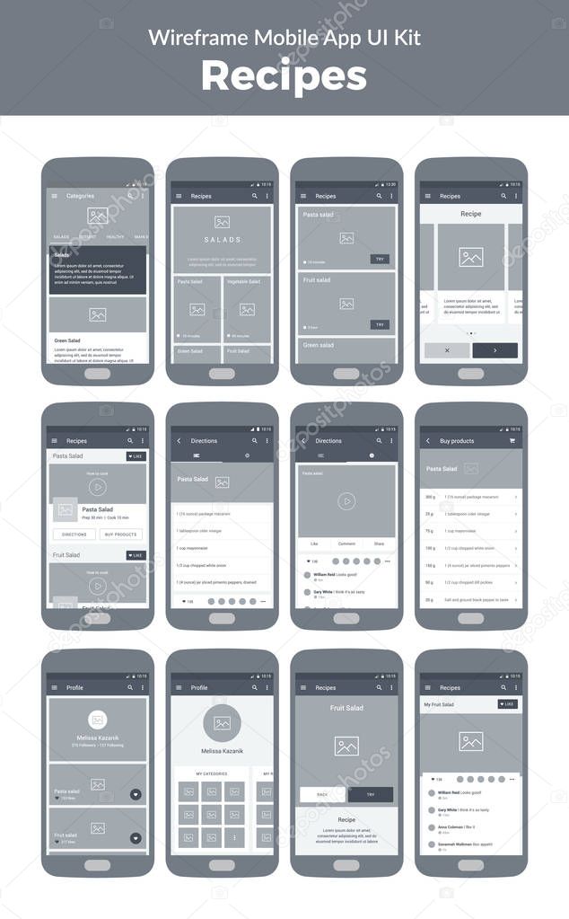 Wireframe UI kit for mobile phone. Mobile App Cooking — Stock Vector ...