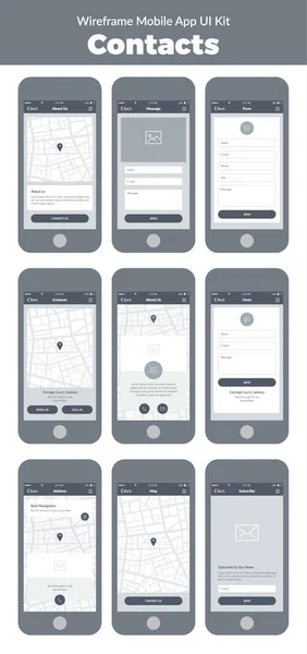 Wireframe UI kit for mobile phone. Mobile App Contacts. Form, about us ...