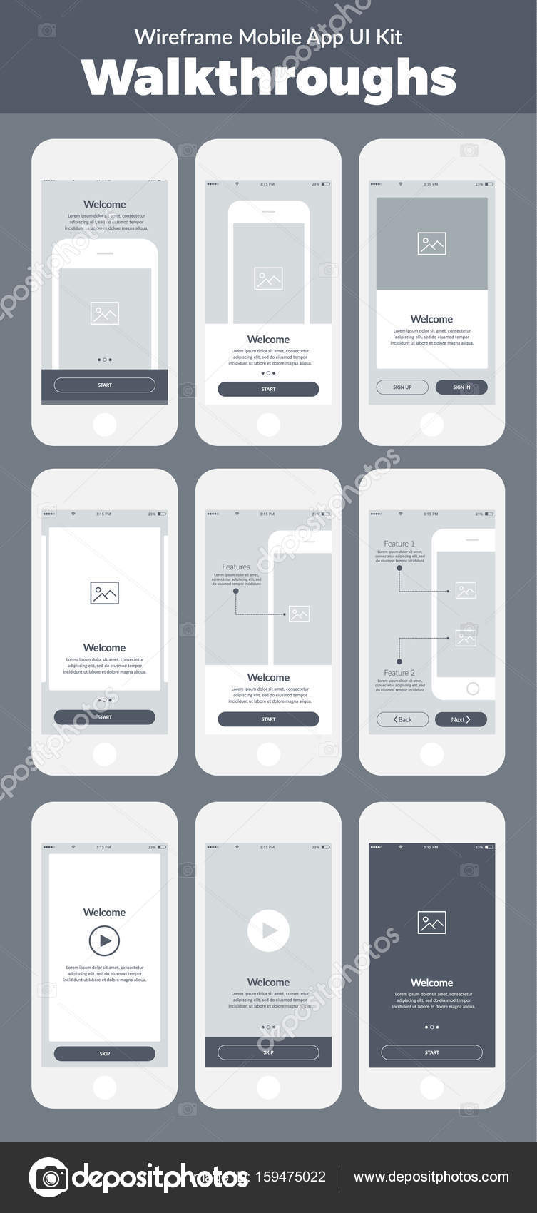 Wireframe UI kit for mobile phone. Mobile App Walkthroughs screens ...