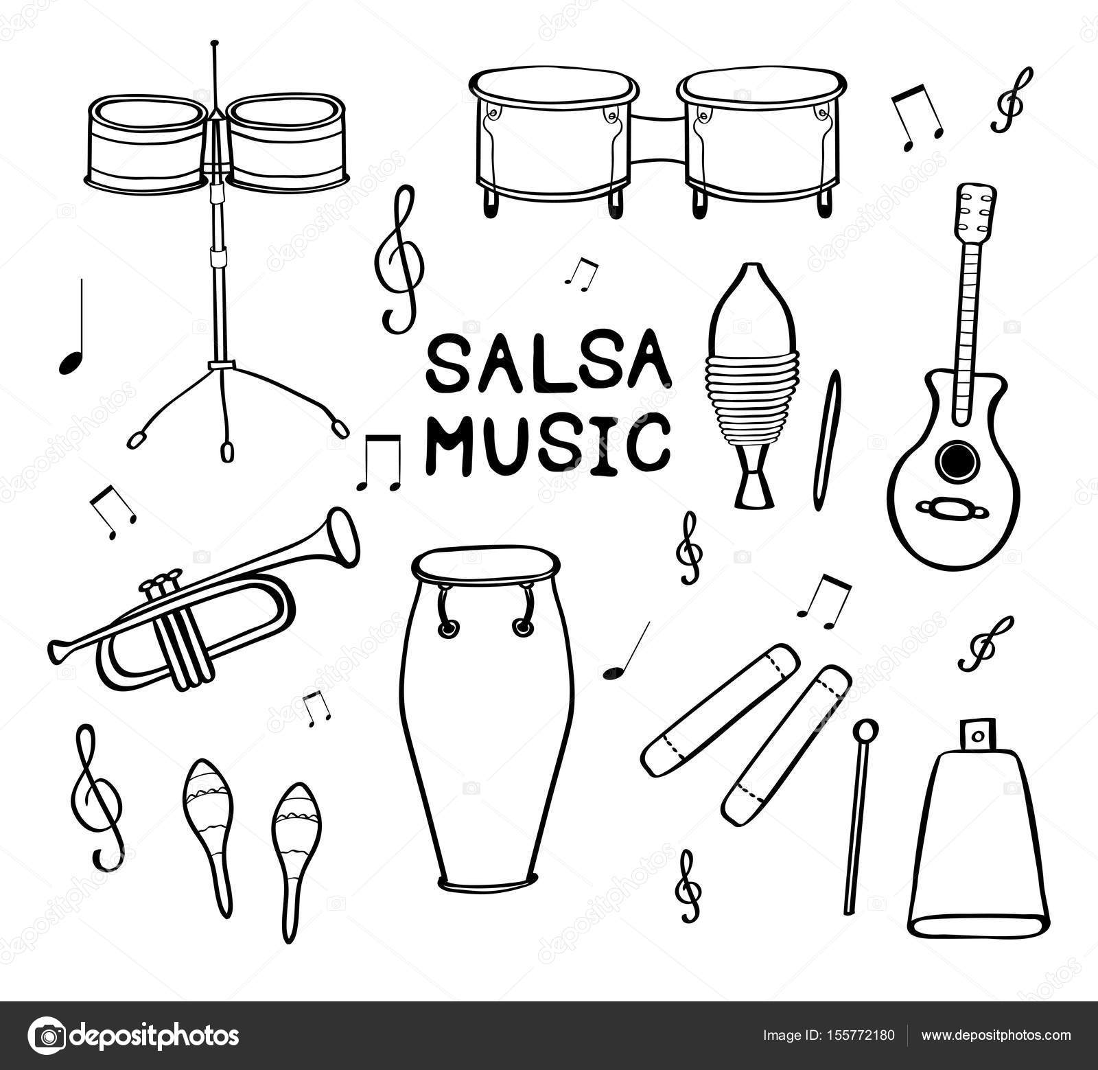 Set de instrumentos musicales de salsa dibujados a mano . Vector de ...