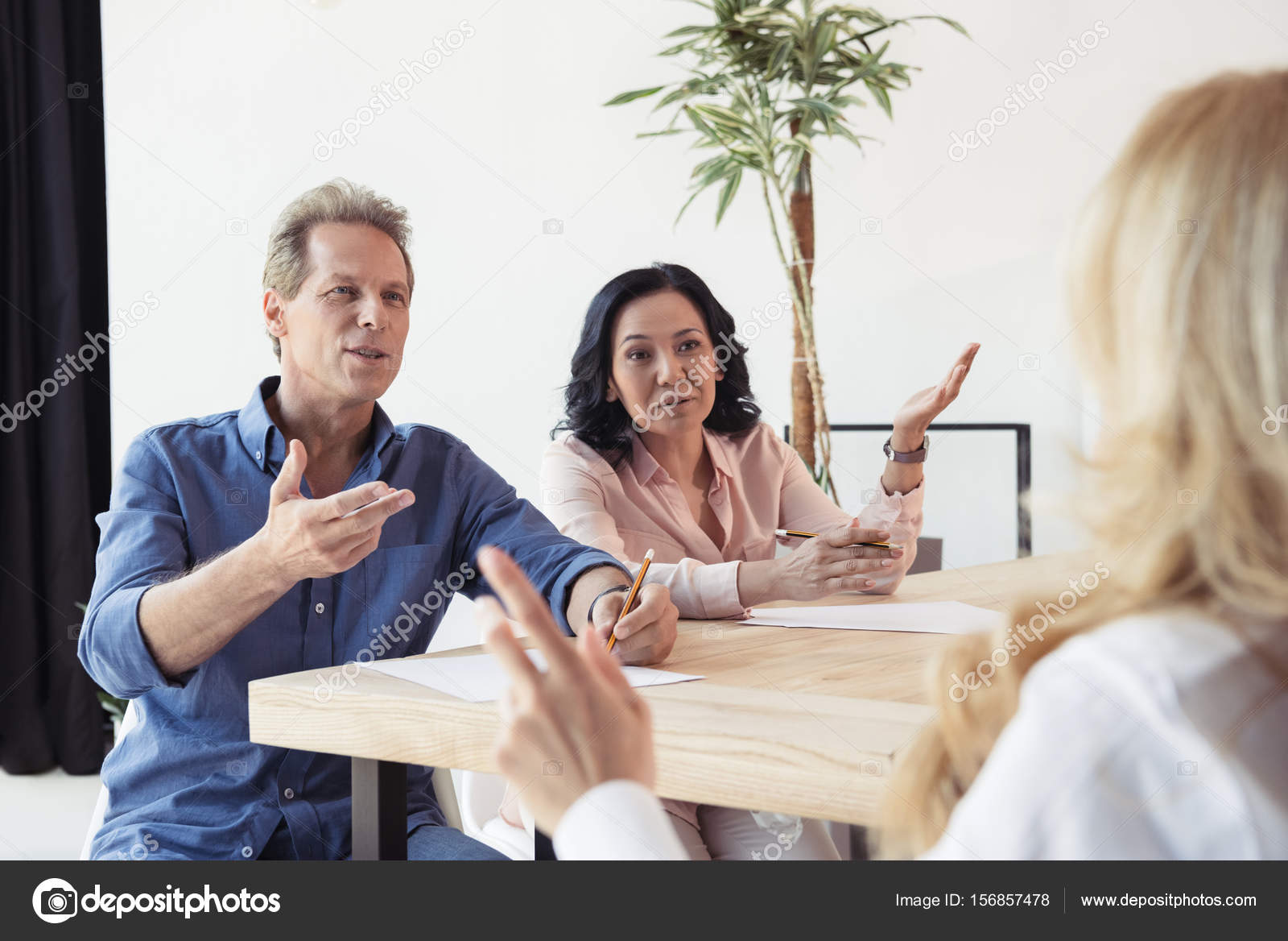 Middle aged colleagues disputing at meeting — Stock Photo ...