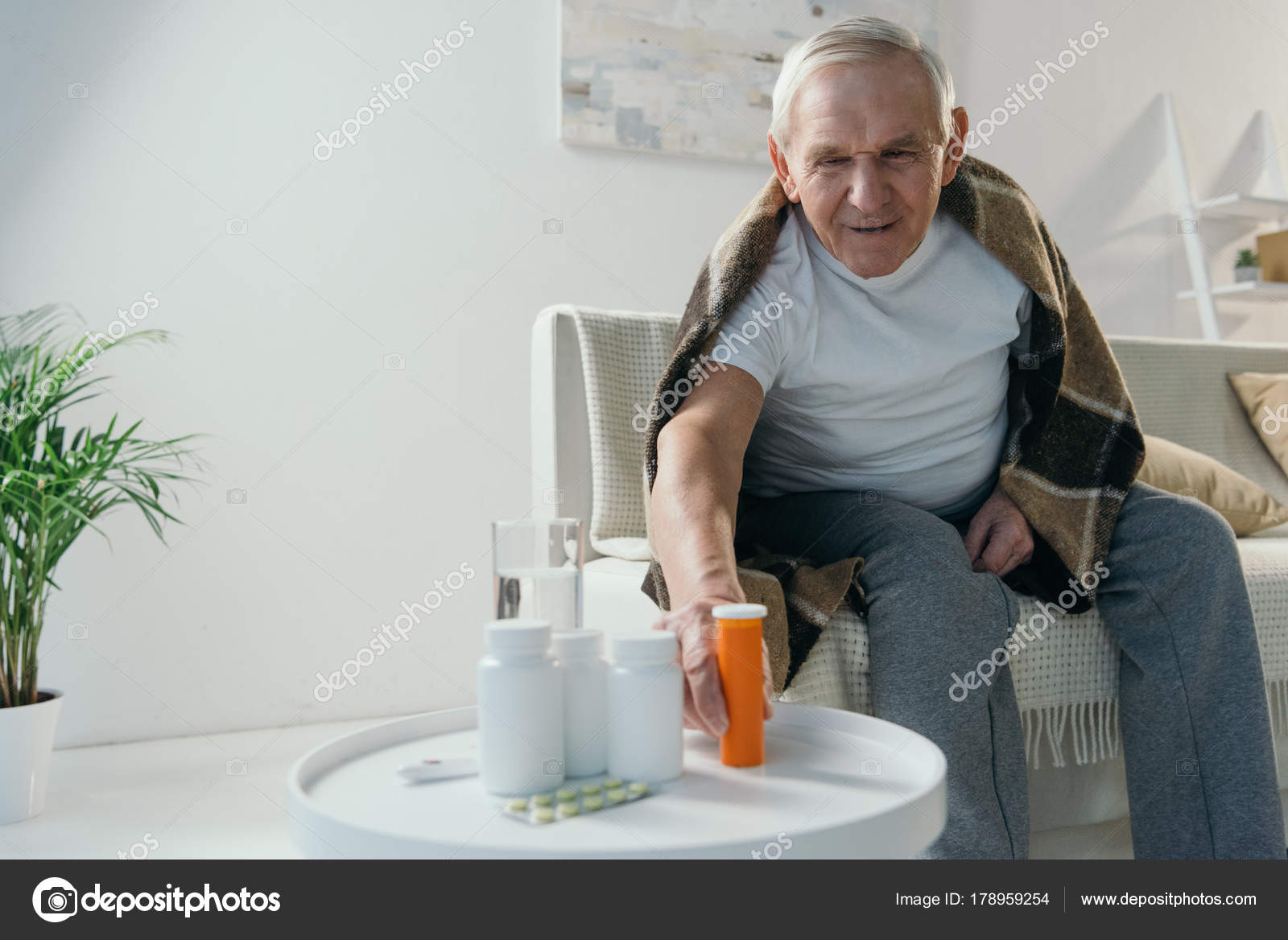 Senior Sick Man Covered Plaid Takes Medications Table — Stock Photo ...