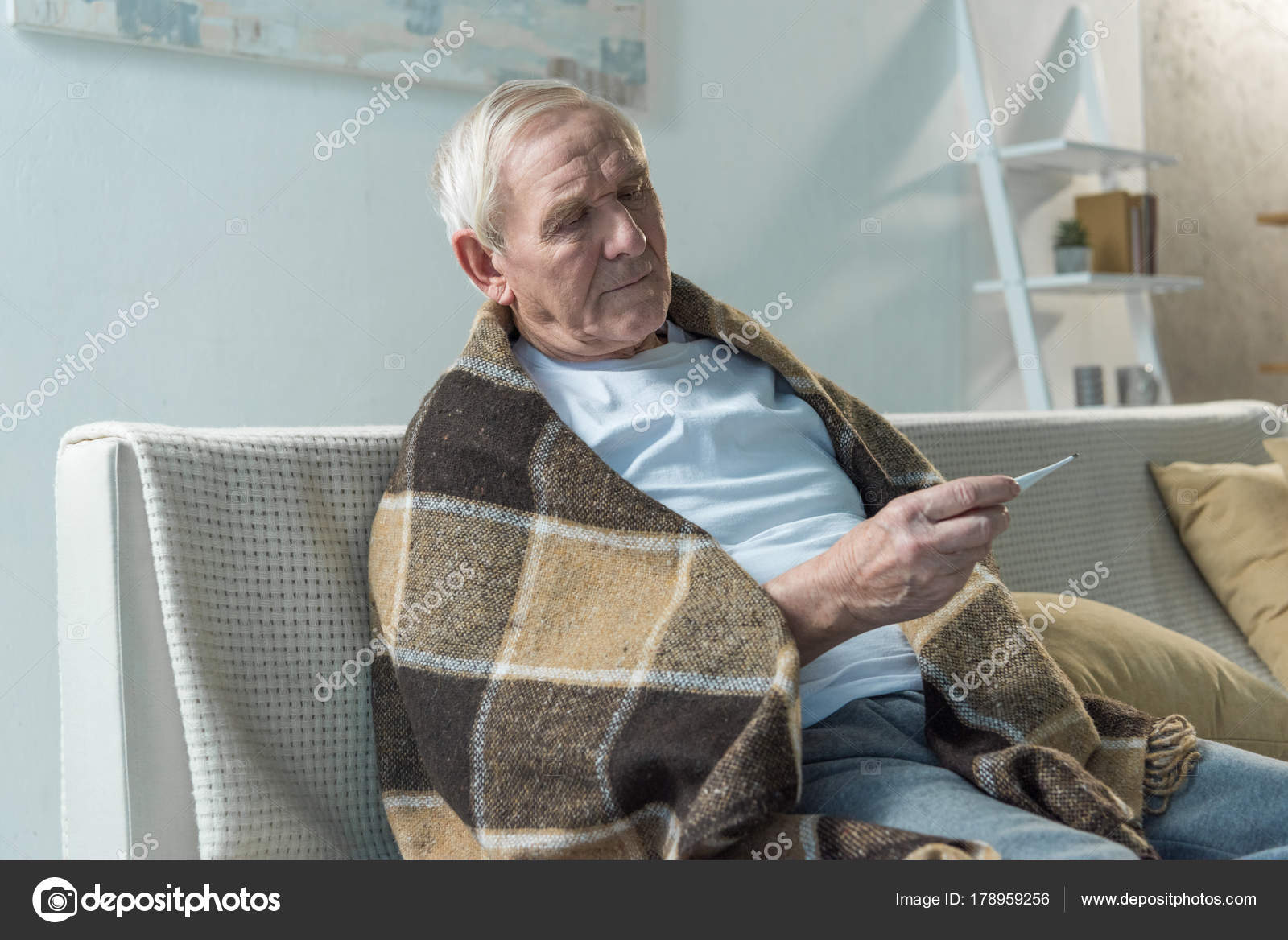 Senior Man Checking Body Temperature Thermometer Stock Photo by ...