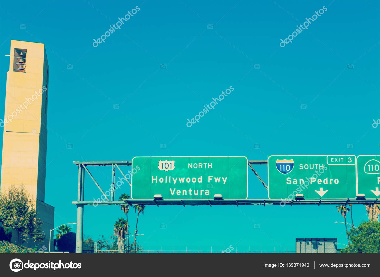 Hollywood freeway sign by Cathedral of Our Lady of Angels steepl Stock ...