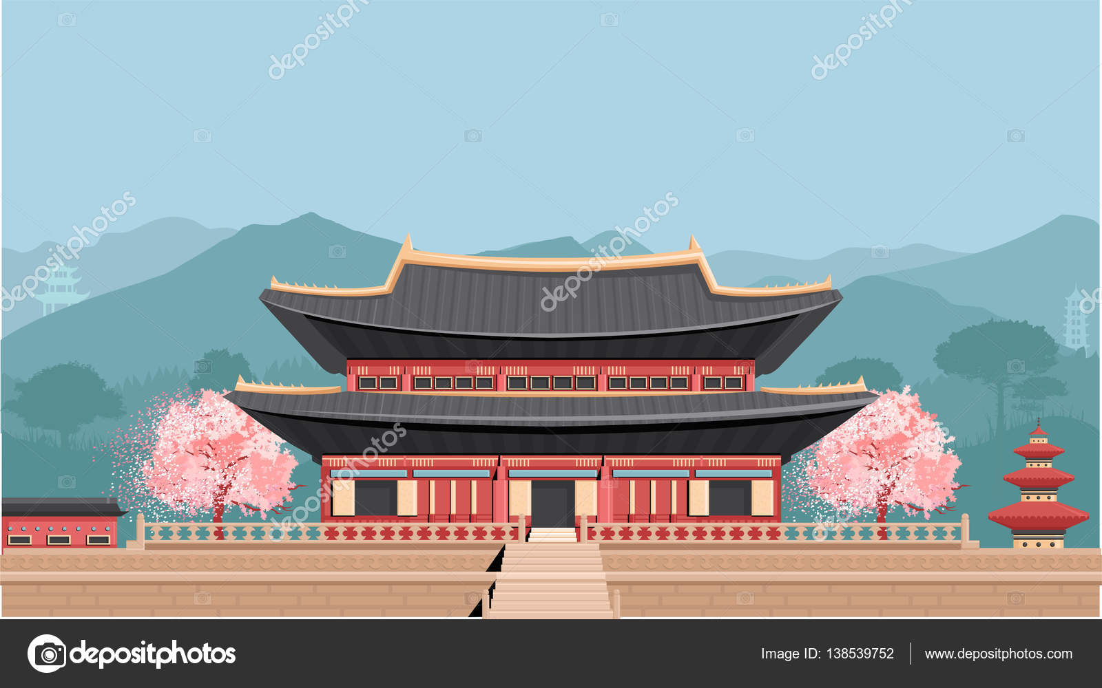 Korean Temple with mountains — Stock Vector © YashkovskiyMD #138539752