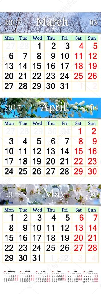 Triple calendar for March April and May 2017 with pictures — Stock ...