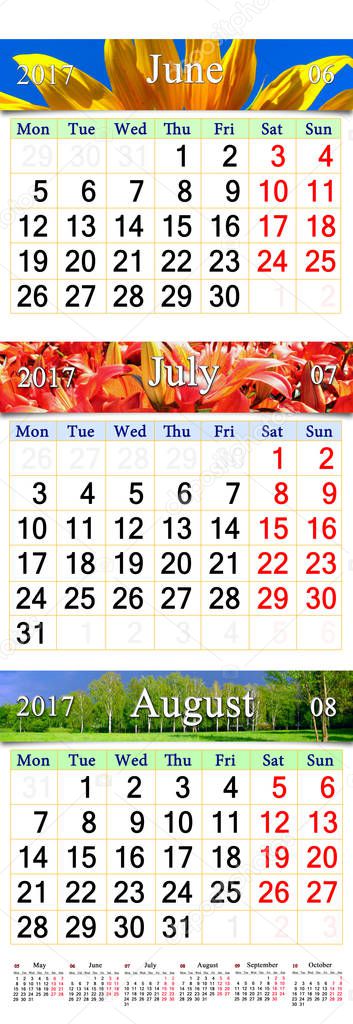 Calendar for June July and August 2017 with colored pictures — Stock ...