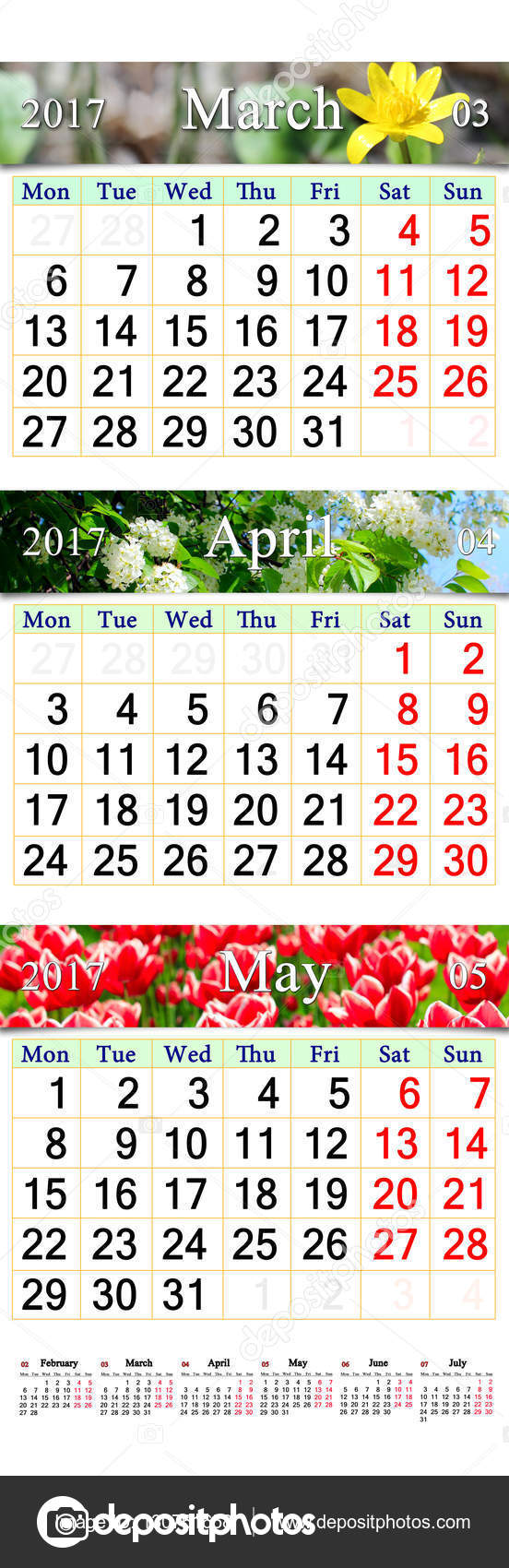 Triple calendar for March April and May 2017 with pictures — Stock ...
