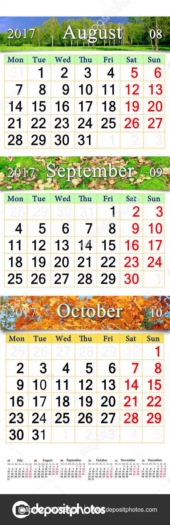 Calendar for August - October 2017 with colored pictures — Stock Photo ...