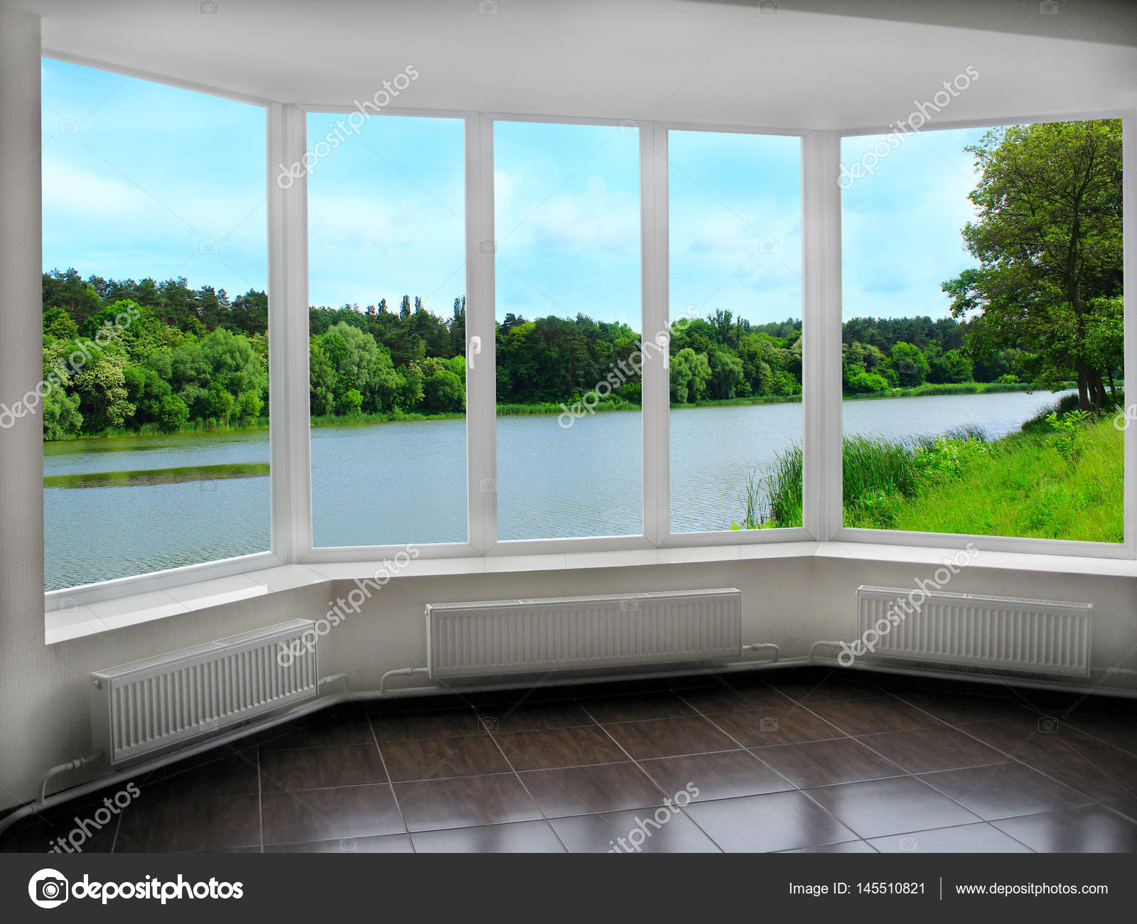 Office panoramic windows with view to the river Stock Photo by ...