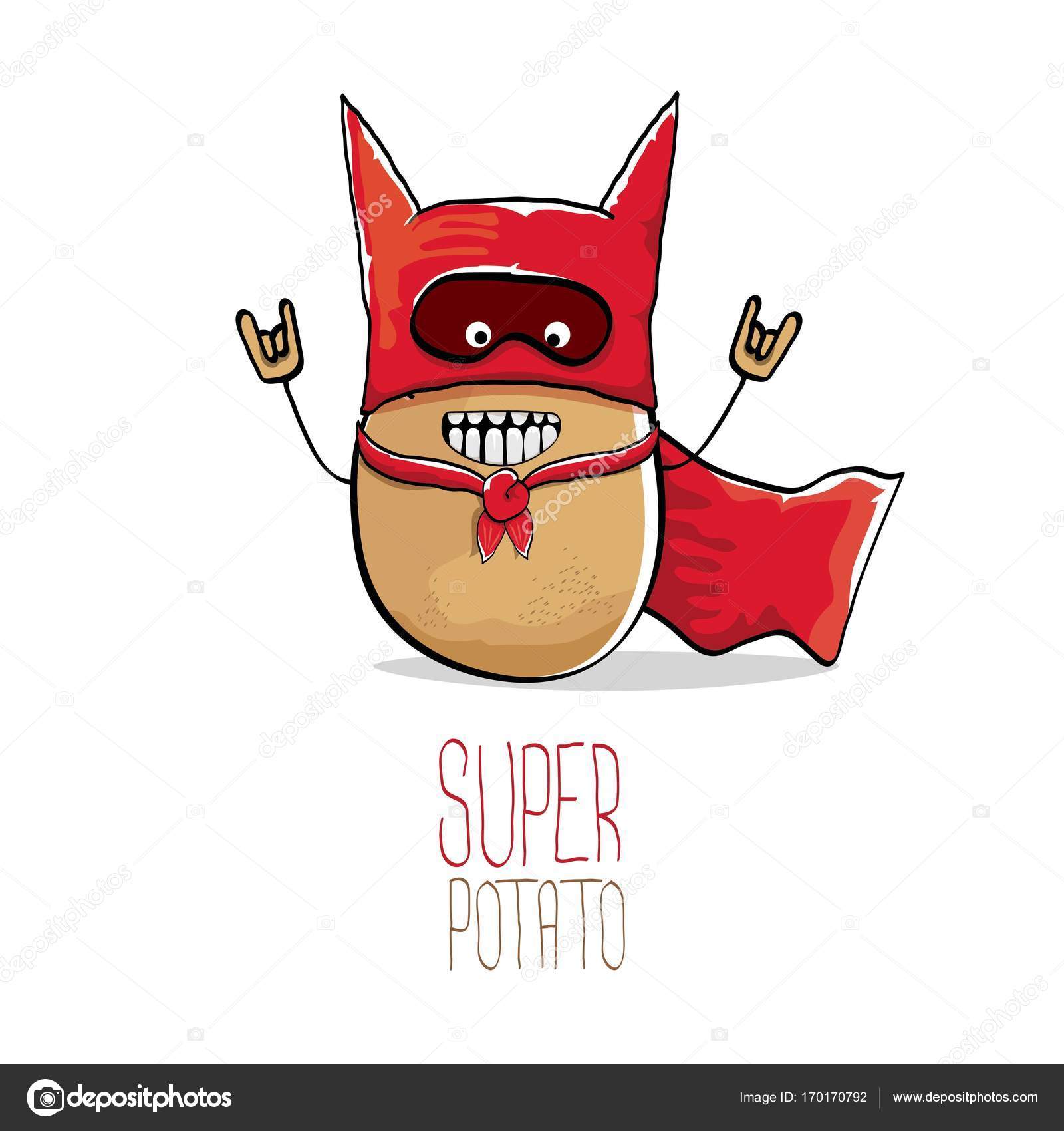 Vector funny cartoon cute brown super hero potato with red hero cape ...