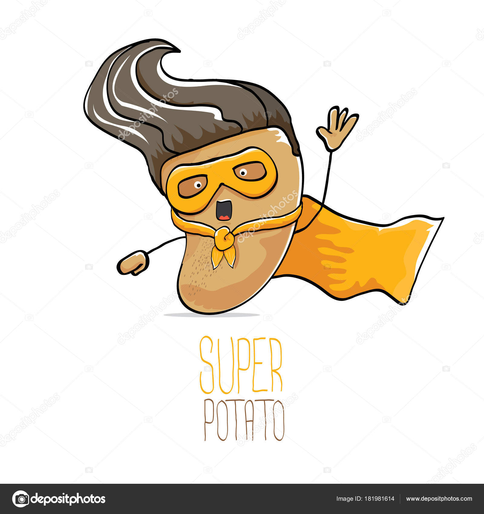 Vector funny cartoon cute brown super hero potato with orange hero cape ...