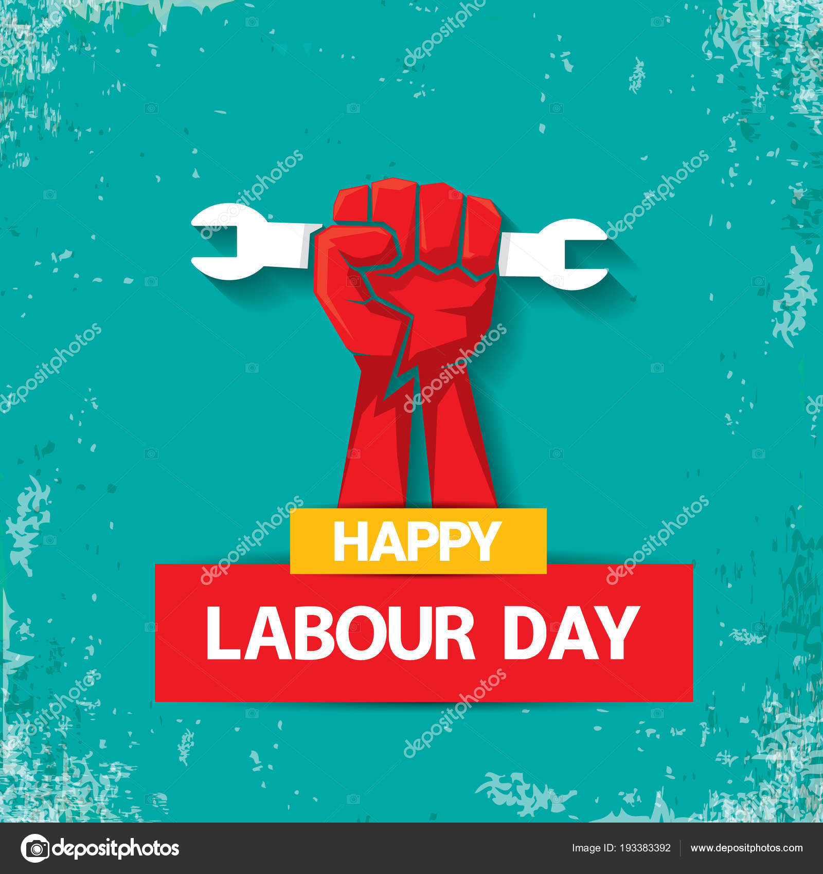 1 may Happy labour day vector label with strong red fist on torquise ...