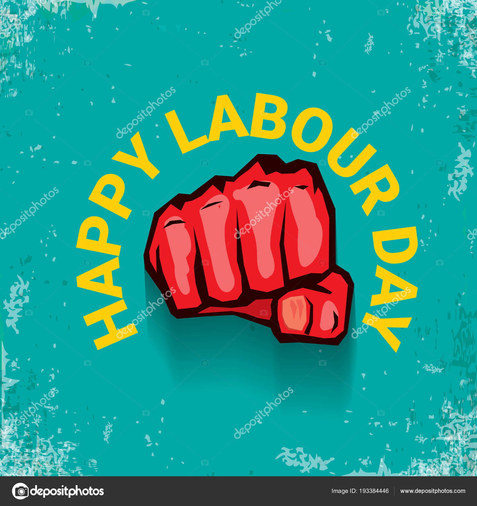 1 may Happy labour day vector label with strong red fist on torquise ...
