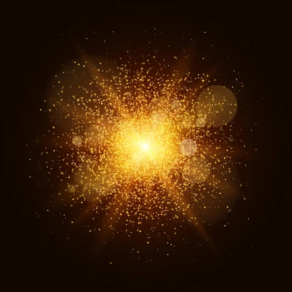 Golden glowing dust on a black horizontal background. Backlight from ...