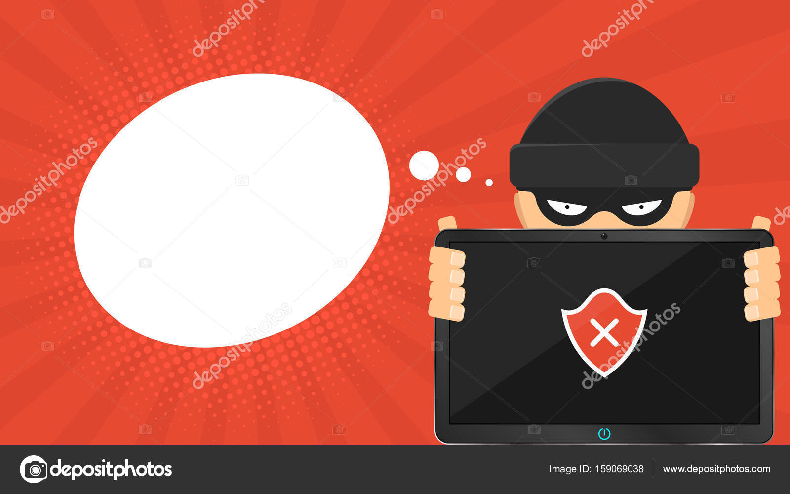 A cartoon cybercriminal holds a broken tablet in his hands. The hacker ...